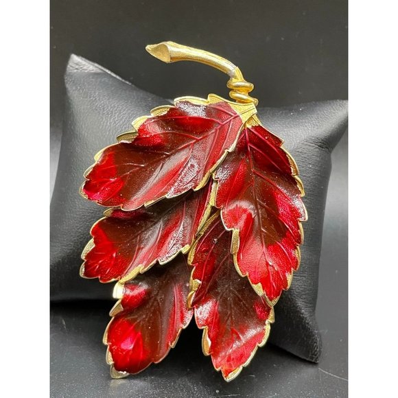 Jewelry | Vintage Weiss Red Enameled Leaves Gold Tone Stem Broochlapel ...